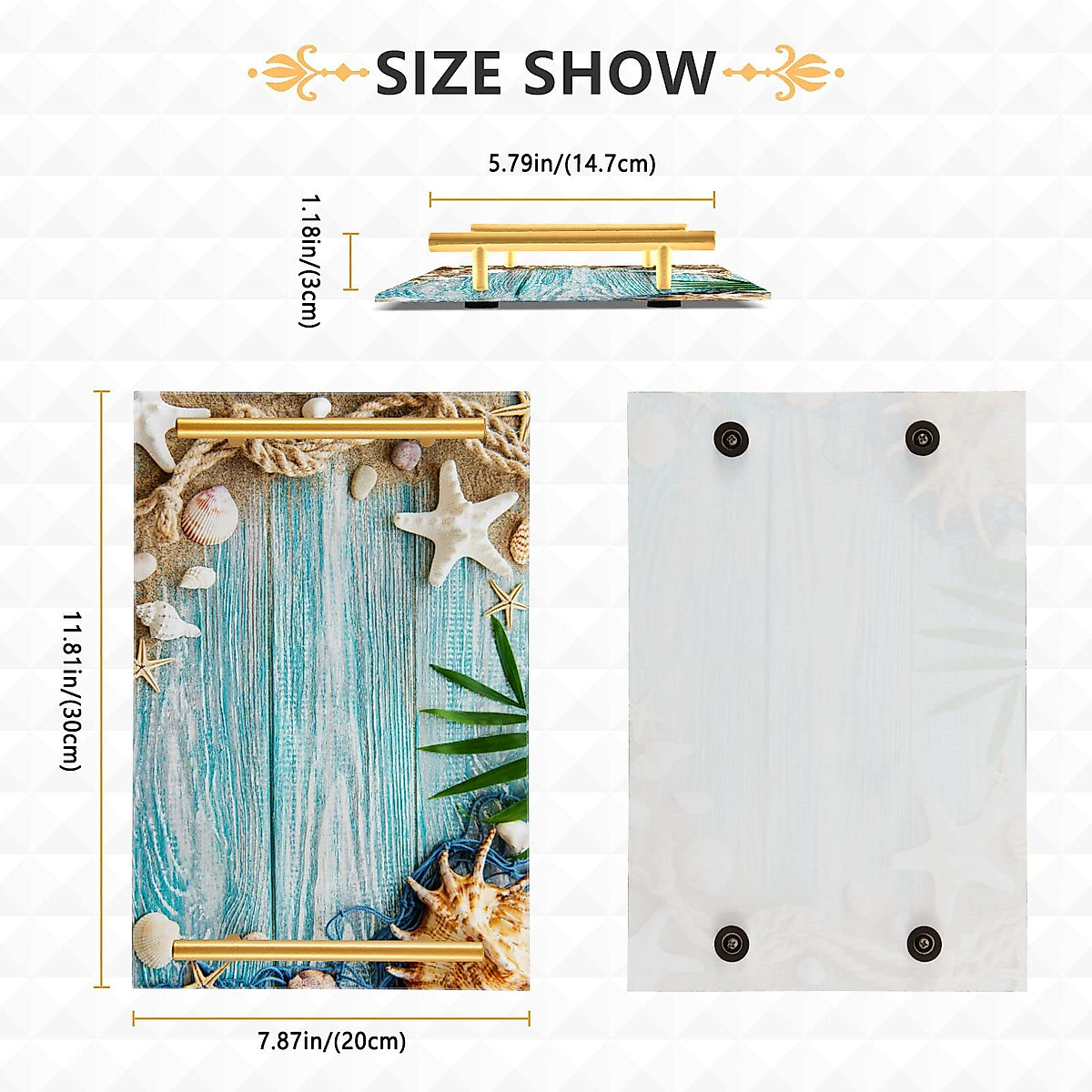 Seashells on Sand Bathroom Sink Vanity Trays With Gold Handles Starfish Palm Leaf Countertop Organizer Tray Acrylic Makeup Perfume Tray Dresser Tray Holder Decor Tray For Candle Small Plant Coffee