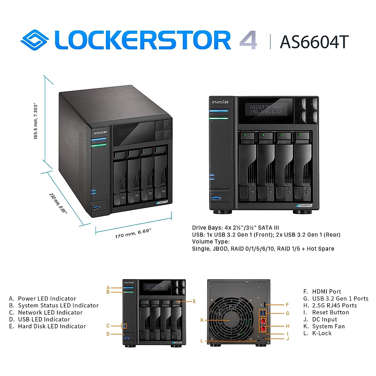 Asustor Lockerstor 4 AS6604T - 4 Bay NAS, Quad-Core 2.0GHz CPU, 2 2.5GbE Ports, 4GB RAM DDR4, 2 M.2 SSD Slots, Network Attached Storage (Diskless)
