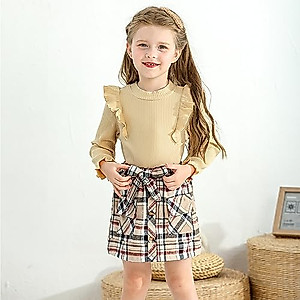 Weixinbuy 4t Girl Clothes Toddler Girl Clothes Fall Outfits Long Sleeve Turtleneck Knitted Sweater Top Plaid Mini Skirts Set Khaki 4-5T