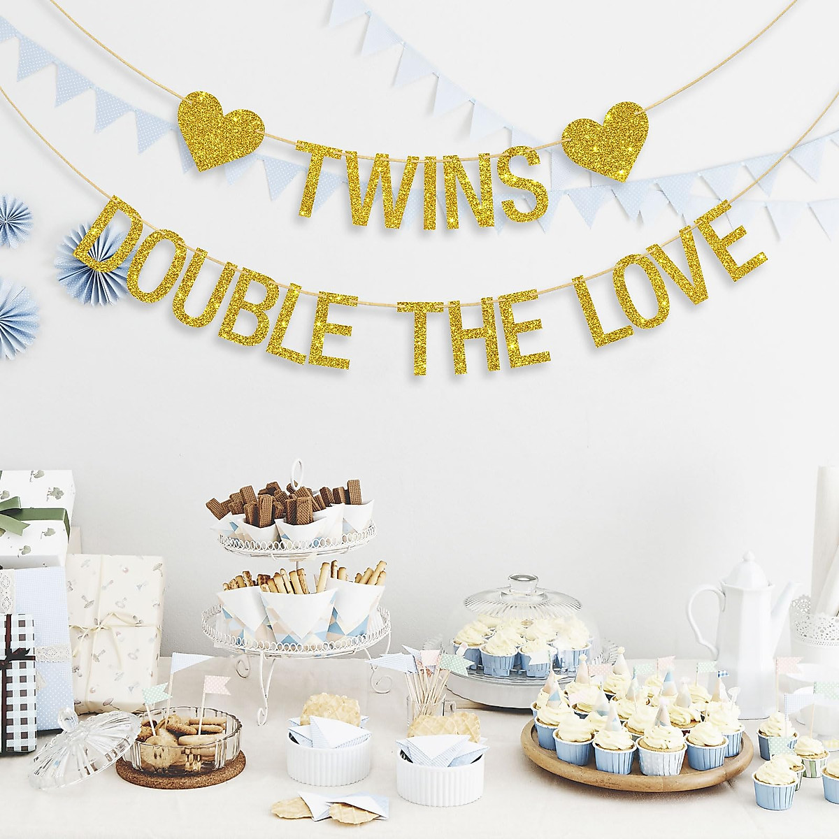 Ambishi Twins Double The Love Banner, Twins Baby Shower/Twins Birthday/Engagement/Wedding Party Decorations (Gold Gliter)