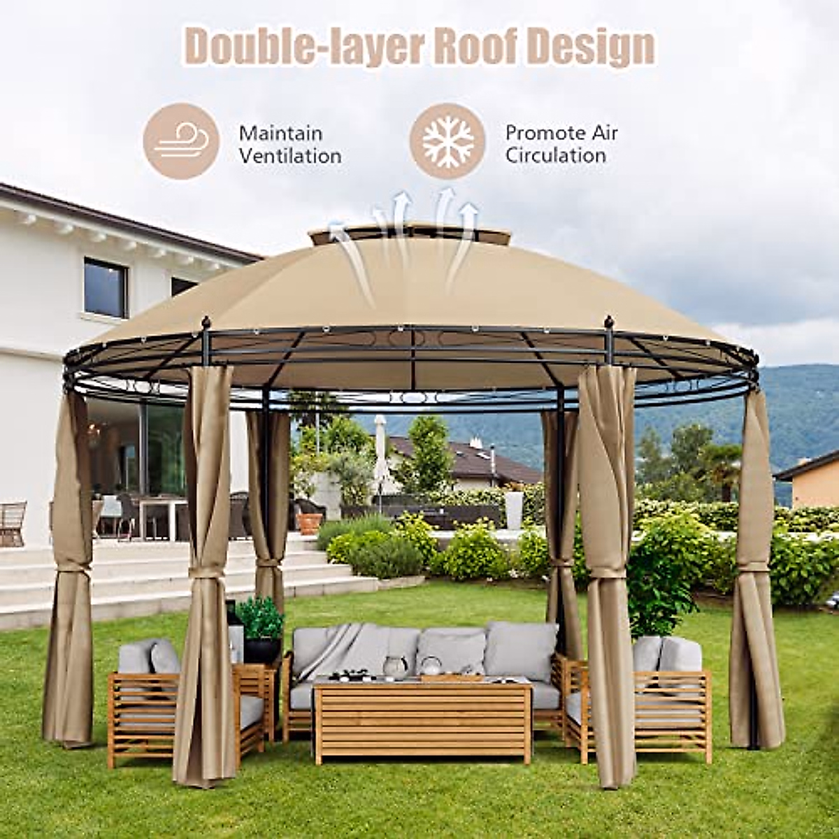 Tangkula 11.5x11.5 ft Round Patio Gazebo, 2-Tier Dome Gazebo with Removable Side Curtains, Heavy Duty Steel Frame, Outdoor Gazebo Pavilion for Backyard, Deck, Poolside, Garden (Brown)