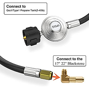 KEESHA 5 Feet Propane Hose QCC1 Regulator, 90 Degree Elbow Adaptor for Blackstone 17 inch and 22 inch Table Top Griddle Pit Boss Gas Grill, Low Pressure Propane Regulator Hose Connect to Propane Tank