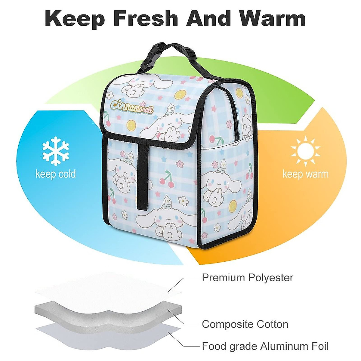 Cinn-amo-roll insulated lunch bag tote bag for women girls large portable Reusable lunch box school office beach lunch tote bag