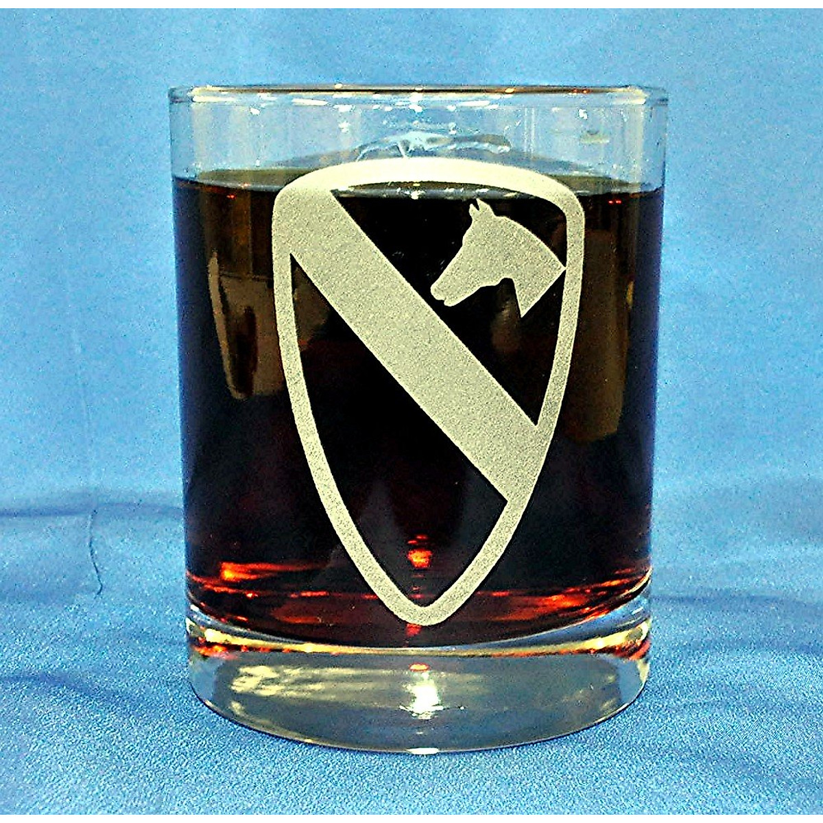 Custom Etched U.S. Army 1st Cavalry Emblem on 12.5 Oz. Double Old Fashion Set of 4