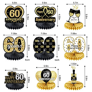 Happy 60th Anniversary Decorations Table Honeycomb Centerpiece, 8pcs 60 Wedding Anniversary Party Supplies, Black Gold Sixty Year Anniversary Table Topper Decor Kit