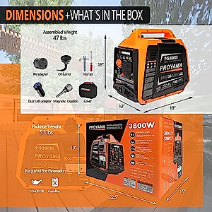 PROYAMA 3800W Super Quiet Portable Inverter Generator with CO Shield, Fuel Shut-Off, RV Plug, UltraLight 47lbs for Home, Emergency, Camping