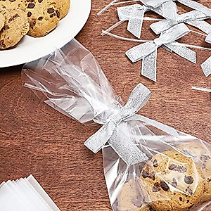 Silver Satin Bow Twist Ties for Treat Bags (100 Pack)