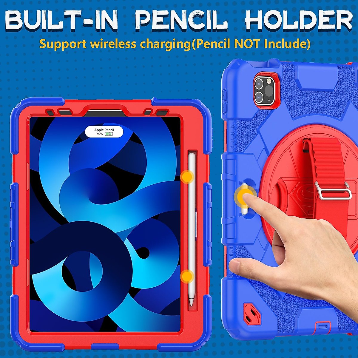 SEYMAC Case for iPad Air 5th/ 4th Generation, Shockproof Case with Screen Protector, 360 Rotating Stand/Hand Strap, Shoulder Strap for iPad Air 4/5 (iPad Air 10.9), Red+Blue