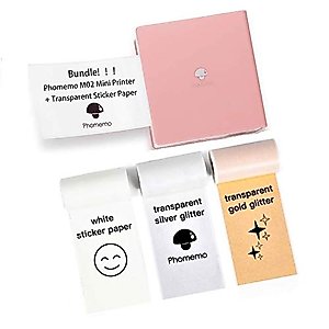 Phomemo M02 Mini Bluetooth Thermal Pocket Printer (Pink) with 3 Rolls Adhesive White/Gold/Silver Glitter Sticker Paper, Compatible with iOS + Android for Plan Journal, Study Notes, DIY, Work, Gift