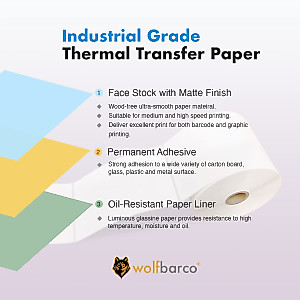 6 Rolls Thermal Transfer Paper Label/Industrial Grade 4" x 4", with Perforation, 1" Core, 5" OD, 740 Labels per Roll - White, Compatible with Zebra, Godex and Other Printers