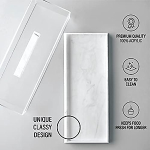 Gold Valley Rectangular Cake Tray, Cake Plate Dish with Lucite Display Cover Lid, Dessert Holder Tray, Cake Stand, White Marbleized Grain Rectangle Cake Platter with Lucite Cover, Pastry Base