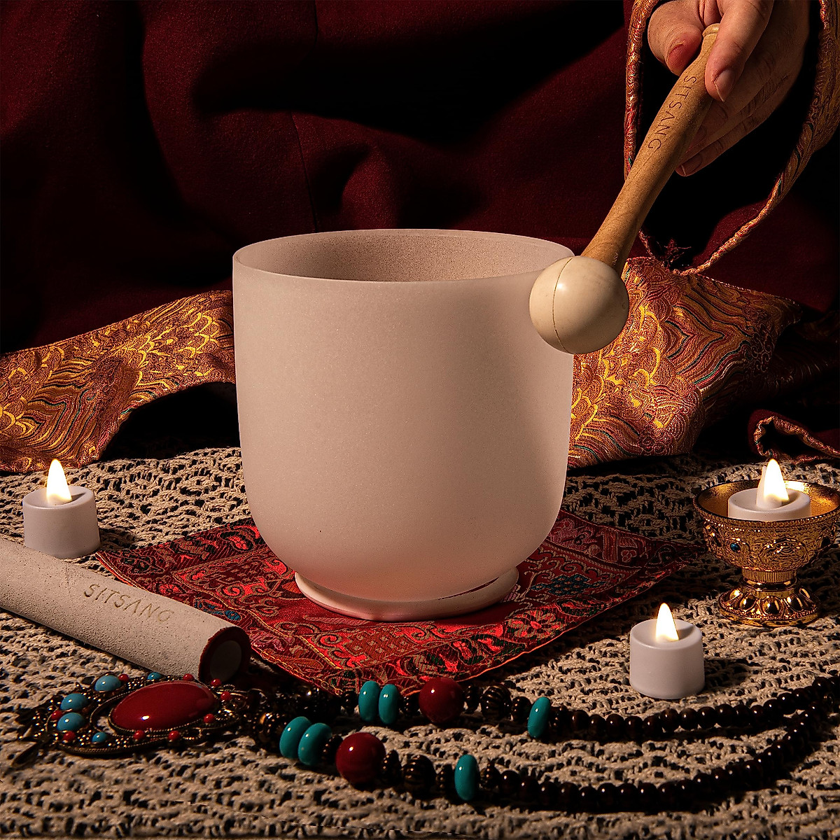 SITSANG A Note Crystal Singing Bowl Third Eye Chakra 6 inch with Sponge Padded Singing Bowl Tank and Singing Bowl Suede Striker and Rubber Mallet