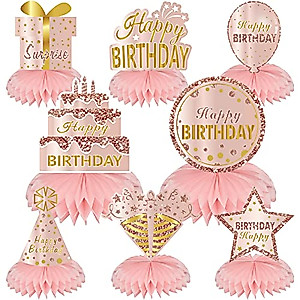 Pink Rose Gold Birthday Honeycomb Centerpieces Decorations for Women Girls, 8Pcs Rose Gold Happy Birthday Table Centerpieces Party Supplies, 10th 16th 21st 30th 40th 50th 60th Bday Table Topper Decor