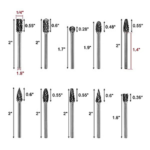 Yoption 10Pcs Double Cut Tungsten Carbide Rotary Burrs Set, with 3mm (1/8 Inch) and 6 mm (1/4 Inch) Head for Wood & Stone Working, Drilling, Steel Metal Carving, Polishing, Engraving
