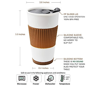 UDMG Ceramic Double Wall Insulated Travel Coffee Cup with Slider Lid, Silicone Sleeve & Built-in Coaster, 10 fl.oz (Coffee)