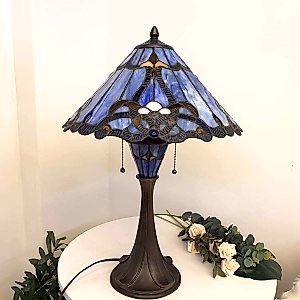 Bieye L10684 Baroque Tiffany Style Stained Glass Table Lamp with 16 inch Wide Blue Shade Double Lit for Bedside Living Room Bedroom, 24.5 inch Tall