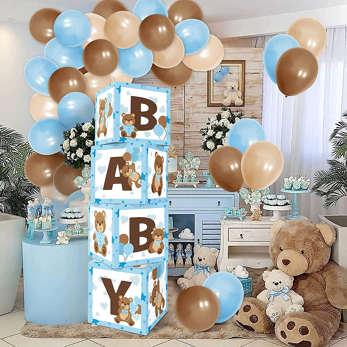 40PCS Teddy Bear Baby Shower Boxes Decorations Bear Theme Party Boxes Block Backdrop Favor with Blue Brown Balloons for Teddy Bear Birthday We Can Bearly Wait Party Supplies