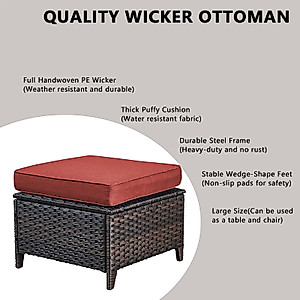 Rilyson Outdoor Ottoman Wicker Patio Ottomans - 2 Piece Footrest Footstools Set Rattan Outdoor Ottomans for Patio with Thick Cushions(Brown/Red)