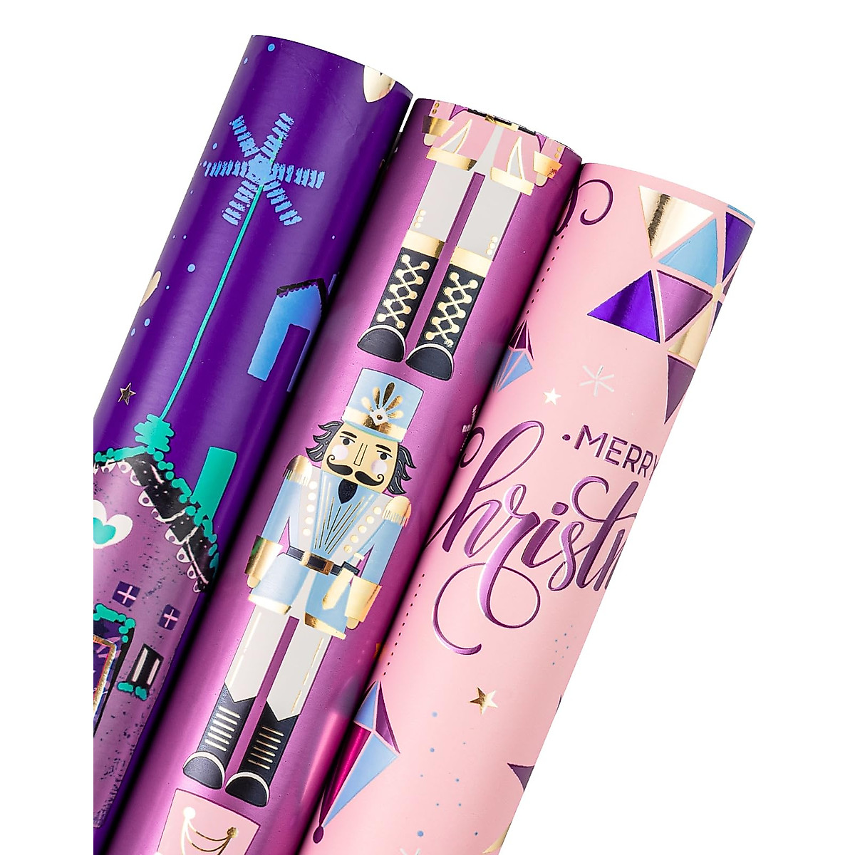 WRAPAHOLIC Christmas Wrapping Paper Roll - Mini Roll - 3 Rolls - 17 Inch X 120 Inch Per Roll - Pink and Purple Nutcracker, House Holiday Collection with Metallic Foil Shine