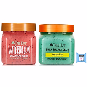 Tree Hut Shea Sugar Body Scrub, Watermelon, Coconut Lime,18oz, 2PK, With Single Makeup Remover Wipe