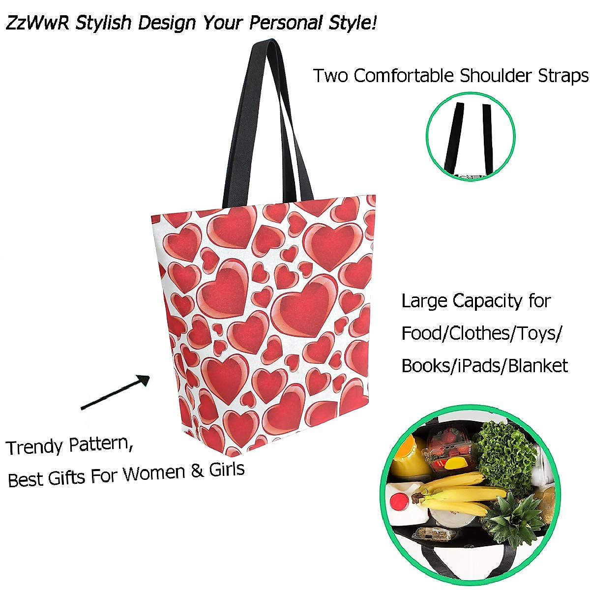 ZzWwR Sweet Cute Hearts Pattern Extra Large Canvas Shoulder Tote Top Handle Bag for Gym Beach Travel Shopping