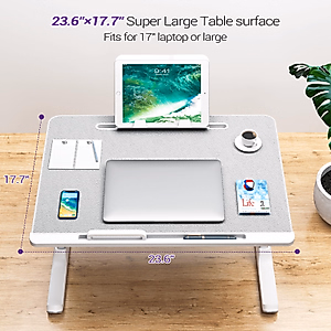 NEARPOW XXL Bed Table Desk for Laptop and Writing, Adjustable Computer Tray Laptop Stand for Bed or Sofa with Anti-slip Leather, Removable Stopper, Book Stand and Drawer - Gray