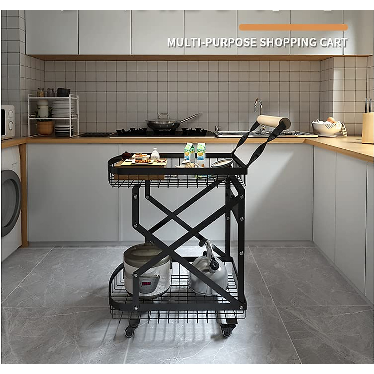 CYJZWOH Multi Use Functional Collapsible Carts, 2-Tier Metal Mobile Folding Trolley Shopping Cart, with Wooden Handle, Lockable Wheels for Office, Living Room, Kitchen, Picnic(Black)