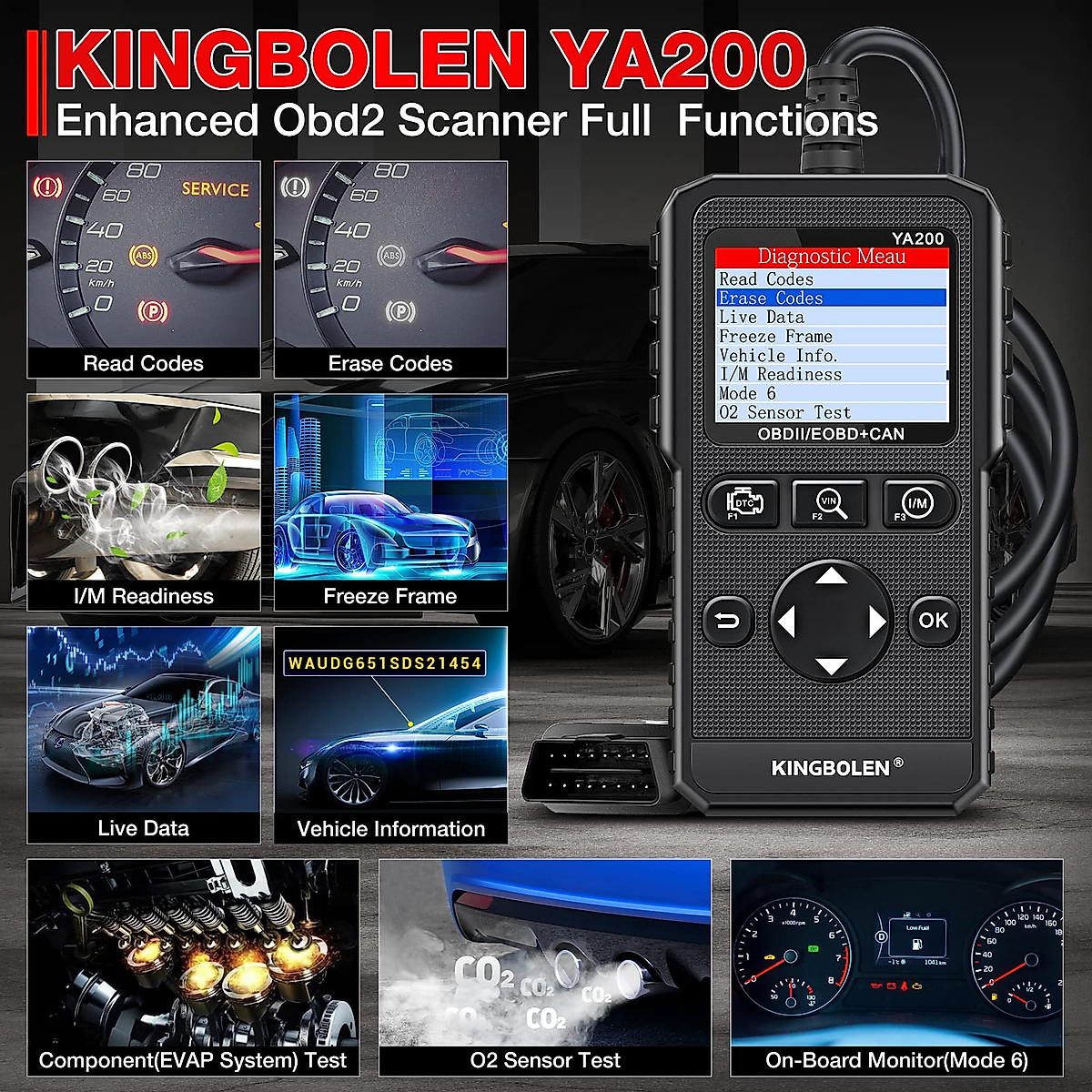 KINGBOLEN OBD2 Scanner,Car Code Reader for Check Engine Light Car Engine Scan Tool with Full OBD2,OBD2 Diagnostic Scan Tool for OBD2 Protocol Vehicles Since 1996. Black