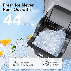 Zstar Nugget Ice Maker, Stainless Steel Countertop Ice Machine with 44Lbs/24H Output, Crunchy Sonic Ice Maker Machine, Self-Cleaning Portable Ice Maker with Freestanding Ice Scoop for Home,Office,Bar