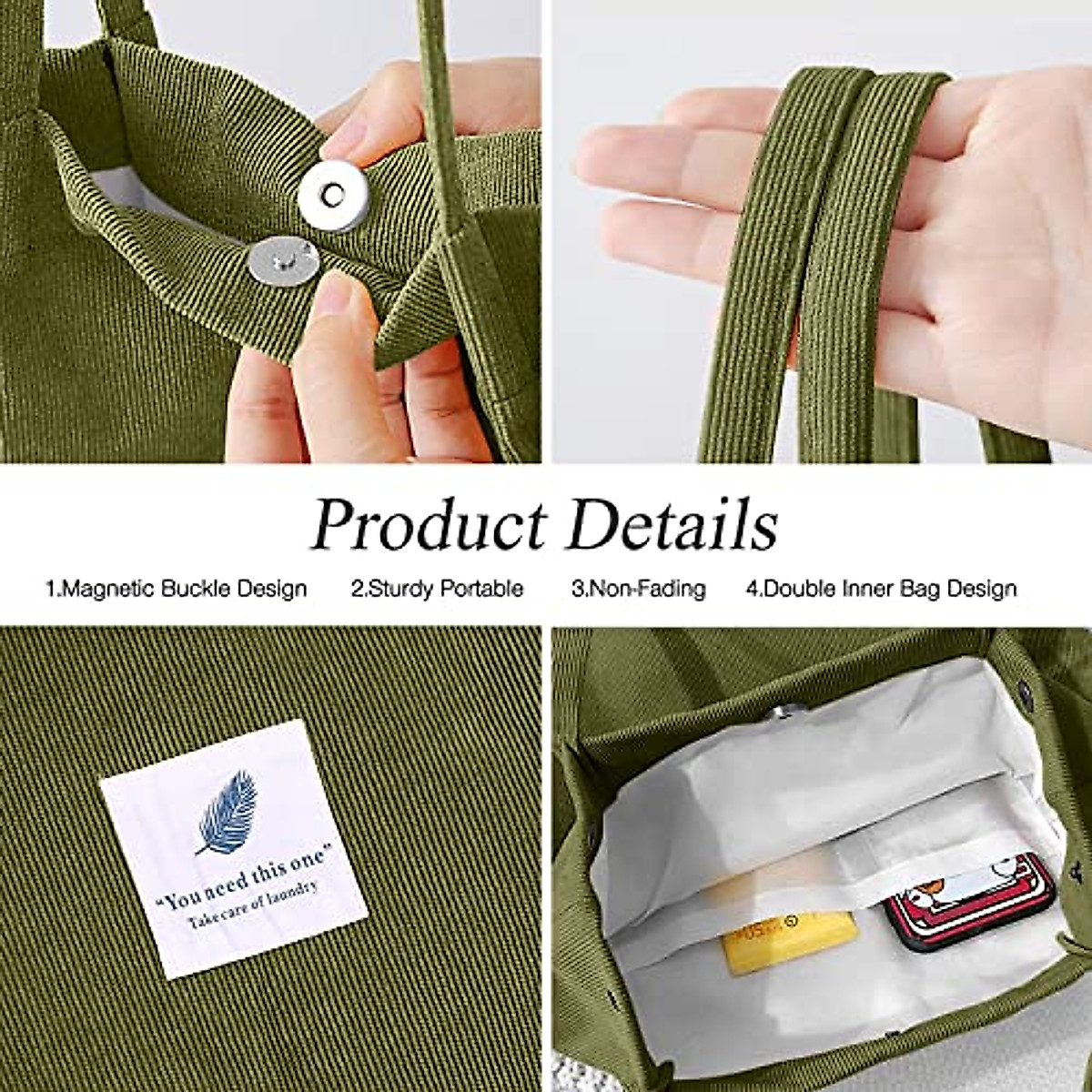 Women Corduroy Tote Bag, Shoulder Purses for Office School Shopping Travel (Army Green)