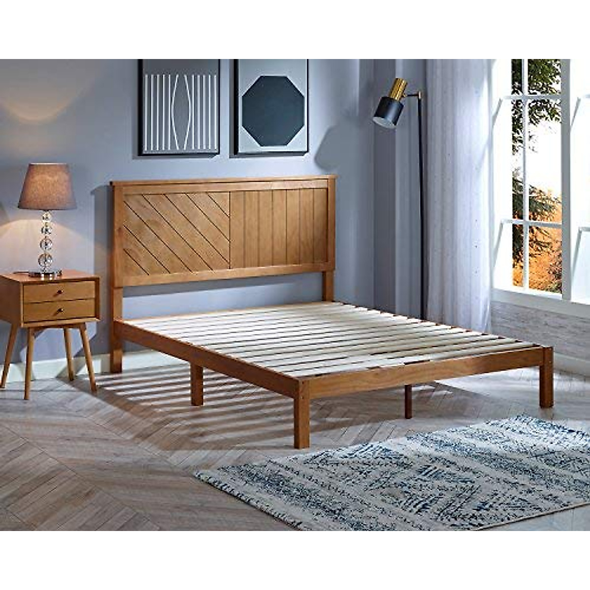 MUSEHOMEINC Solid Wood Platform Bed with Headboard for Bedroom,Wood Slat Support & No Box Spring Needed, Unique Style Design,King