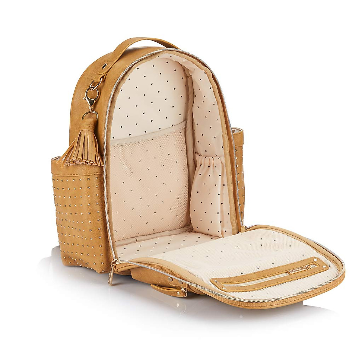 Itzy Ritzy Chelsea + Cole Mini Diaper Bag Backpack - Studded Mini Backpack with Changing Pad, 8 Pockets, Rubber Feet & Tassel - Caramel with Sweetheart Print Interior and Gold Hardware