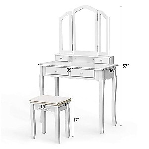 KJNS White Tri Folding Mirror Vanity Makeup Table Stool Set Desk with 4 Drawers Vanity Desk Makeup Vanity Side Tables Bedroom Vanity Table Portable Desk Vanity Set