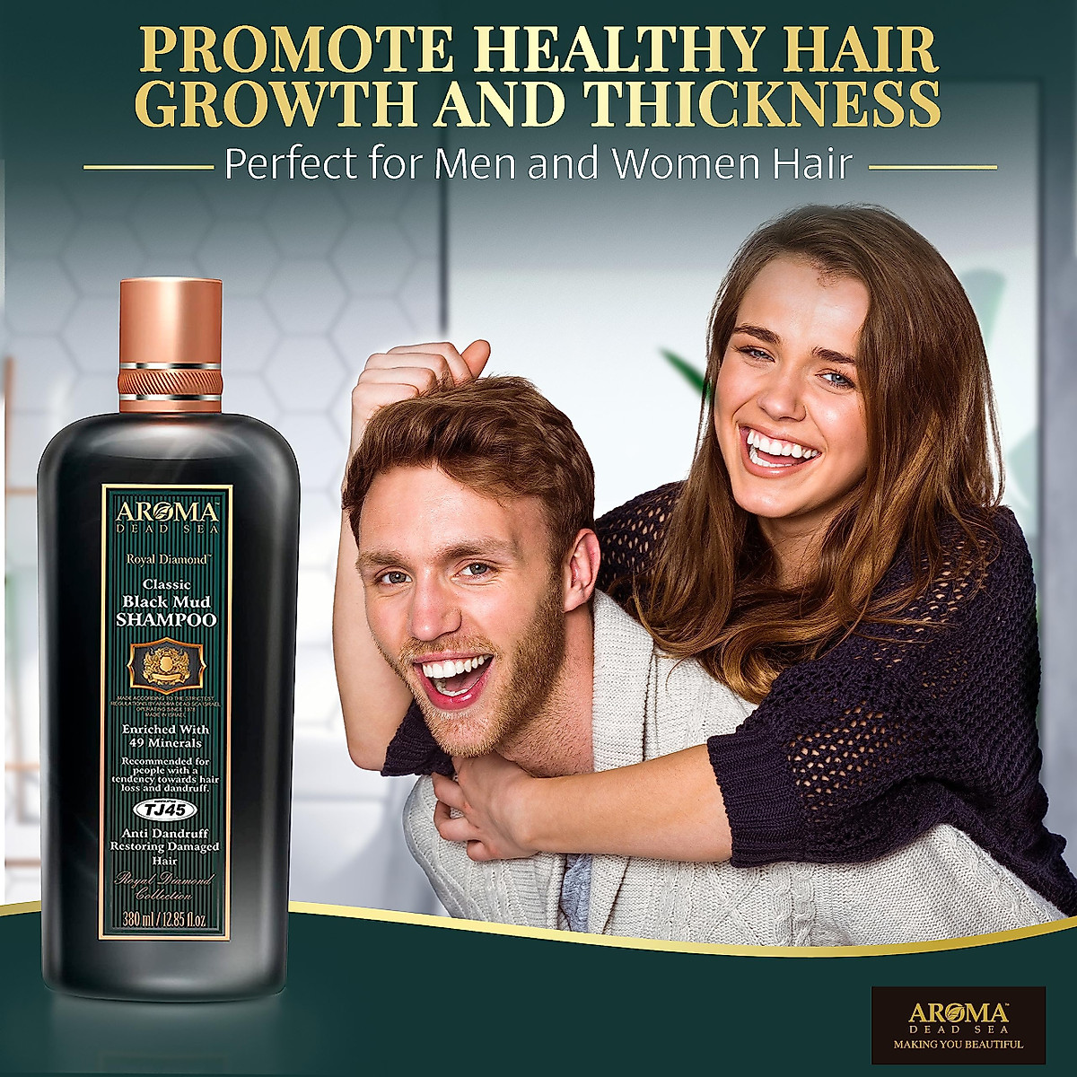 Aroma Dead Sea Black Mud Shampoo - Fights Dandruff, Thinning Hair, Weak Roots & Itchy Scalp. Prevents Hair Loss & Encourages Growth. Ideal for Damaged Hair (12.85 fl.oz)