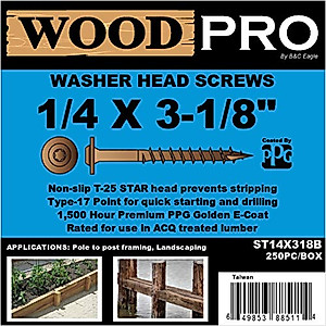 WoodPro Fasteners ST14X318B 1/4-Inch by 3-1/8-Inch Length Round Washer Head Exterior Wood Screws, 250-Pack