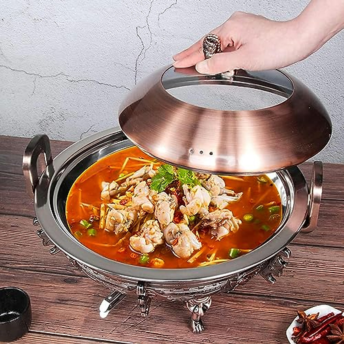 Round Chafing Dish Set for Wedding Banquets Party, Stainless Steel Buffet Server Warming Tray, with Food Pan, Frame, Lid and Fuel Holder