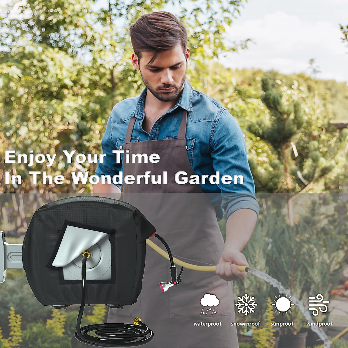 Garden Hose Reel Cover UV Resistant, 100% Waterproof and Anti-Fading Cover for Water Hose Reel，Heavy Duty 600D Polyester Coated Material,With Storage Function ，Black(21.6″ x 15.7″ x 21.6″)