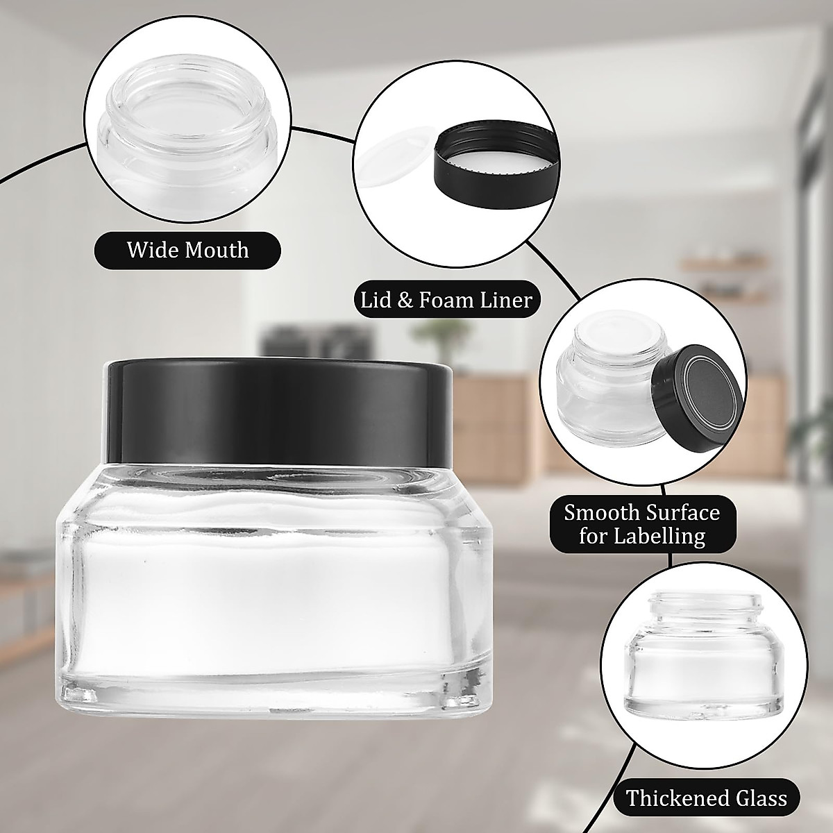 Acrux7 24 Pack Small Glass Jars, Round Clear Glass Jars with Black Lids, Labels & Inner Liners, Empty Refillable Glass Cosmetic Container Leak Proof Travel Jars for Cream, Lotion, Sample (1.76oz/50ml)