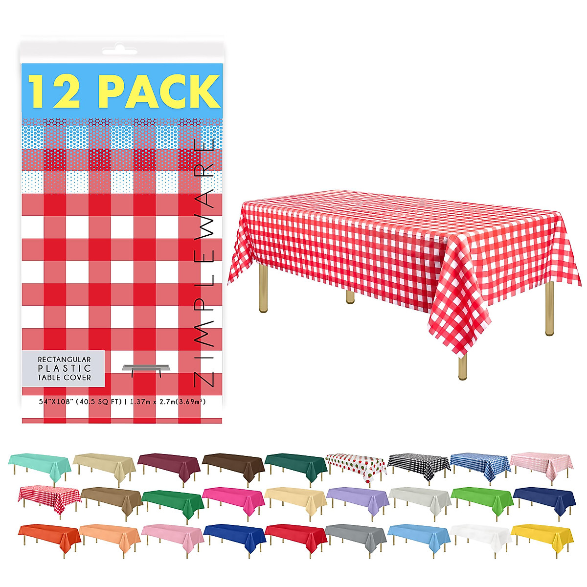 ZIMPLEWARE Premium Red Gingham Checkered Plastic Table Cloth Disposable (12 Pk) Plastic Tablecloths for Rectangle Tables (54in x 108in) Party Table Cloths Disposable for 6ft to 8ft Rectangle Tables