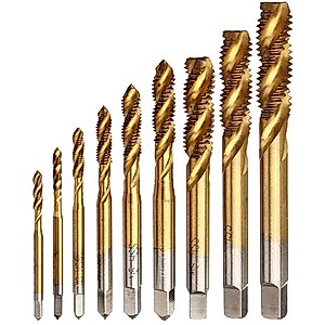 Yakamoz 9pcs Machine Screw Tap Set Titanium Spiral Flute Drill Taps Metric M2 M2.5 M3 M4 M5 M6 M8 M10 M12 Thread Tapping Tool