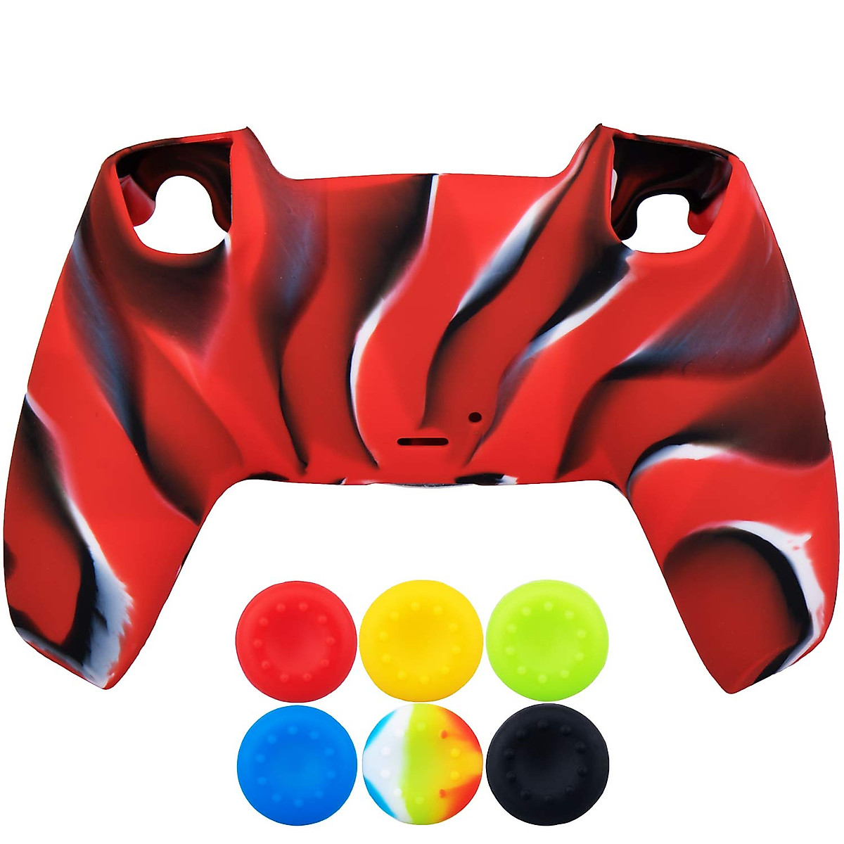 9CDeer 1 Piece of Silicone Protective Thick Cover Skin + 6 Thumb Grips for Playstation 5 / PS5 Controller Camouflage Red