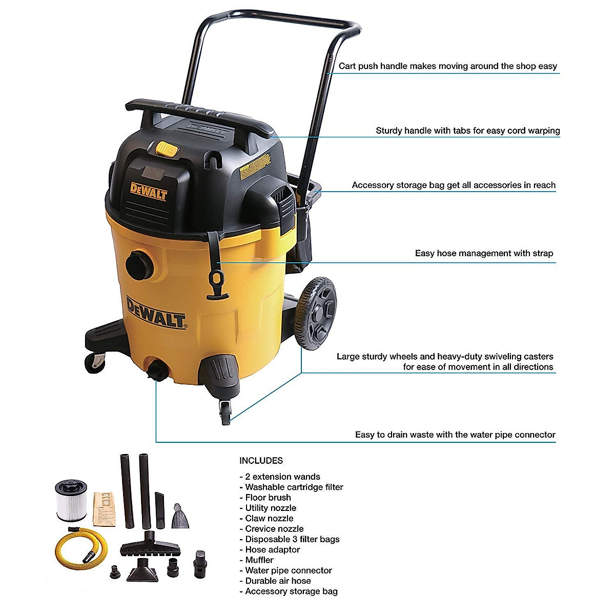 DEWALT 16 Gallon Poly Wet Dry Vacuum, 6.5 Peak HP 12 Amps Heavy Duty Vacuums, Cart Style Wet/Dry/Blower 3 in 1 Multifunction Shop Vacuum, Built-in Drain, DXV16PA