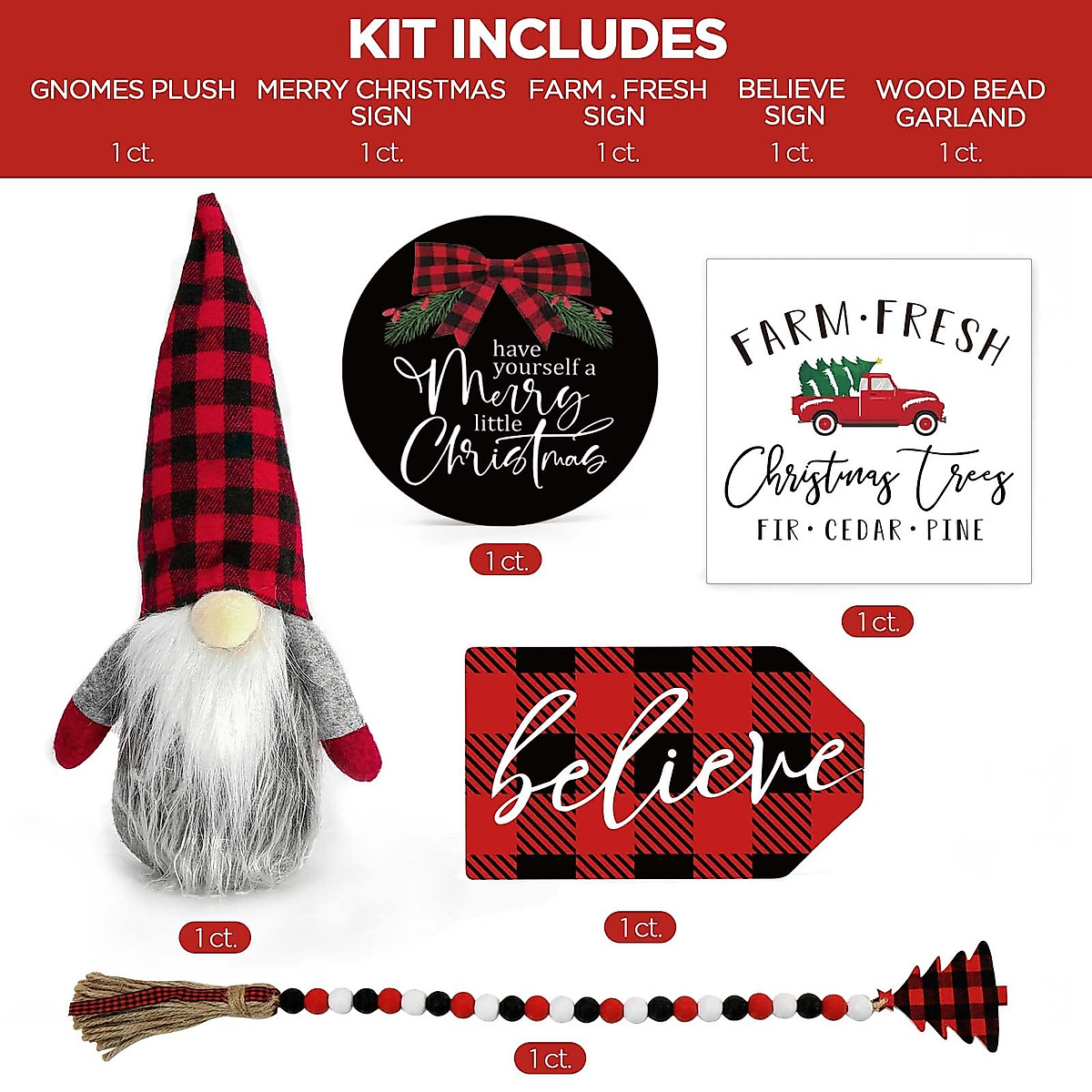 Christmas Decor - Christmas Decorations Indoor - Believe Merry Christmas Wooden Signs & Buffalo Plaid Gnomes Plush Set - Farmhouse Rustic Tiered Tray Country Decor for Home Room Table Mantle