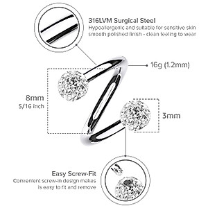 2pc Twisted Barbell Earring Surgical Steel - Twist Helix Earrings 16 Gauge - Spiral Belly Button Rings - 3mm Crystal Lip Ring Body Jewelry 5/16 8mm - CZ