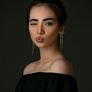 Agriajun Long Gold Bow Tassel Drop Dangle Earrings for Women- Dainty Metal Chain Dangling Shiny Bar Earring Statement Fringe Waterfall Wedding Bridesmaid Prom Jewelry Mother Gifts