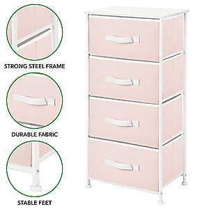mDesign Tall Dresser Storage Tower Stand with 4 Removable Fabric Drawers - Steel Frame, Wood Top Organizer for Baby, Kid, and Teen Bedroom, Nursery, Playroom, or Dorm - Jane Collection - Pink/White
