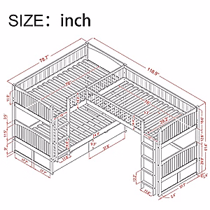 SOHUSPHOME Twin-Over-Twin Wooden L-Shaped Triple Bunk Bed with Ladders and 2 Storage Drawers, Space-Saving Design, Built-in Ladder & Solid Slat Support for Kids Teens Bedroom, Grey