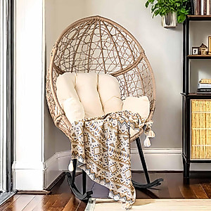 ZBLUXBZ Outdoor Rocking Egg Chair, Oversized Patio Egg Lounge Chairs with 6 inch Thick Cushion, All-Weather Wicker Basket Chair for Indoor, Outside (Beige)