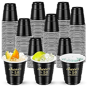 100 Pcs 2 oz Black Birthday Cups Plastic Stadium Cups Cheers to 30 40 50 60 Years Party Decorations Disposable Shot Cups for Men Women Anniversary Drinking Supplies(50 Years)