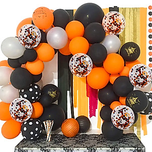 Orange and Black Balloons 50 Pack 12 Inch Black Orange Confetti Balloon Halloween Latex Party Balloons with 2 rolls of ribbon for Halloween Birthday Party Decorations